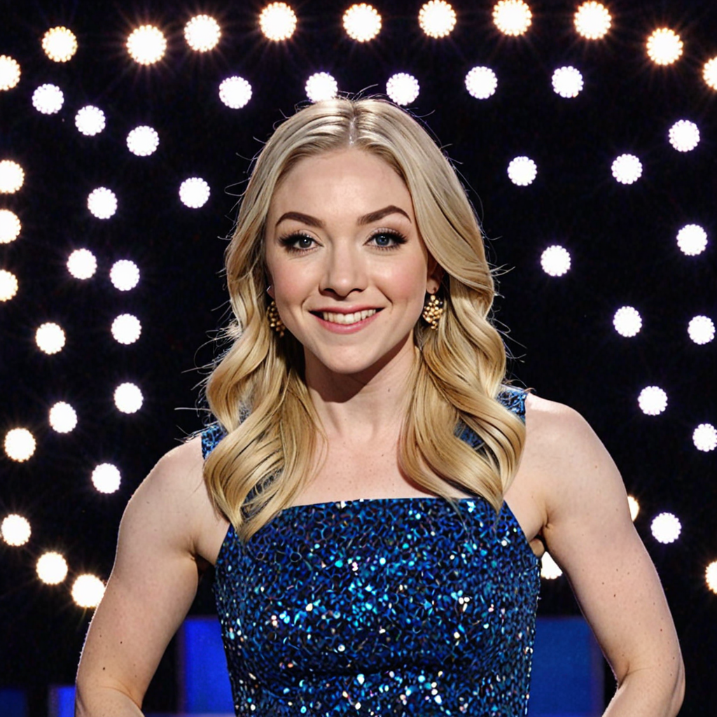 emily kinney as a game show host, wide-angle photo