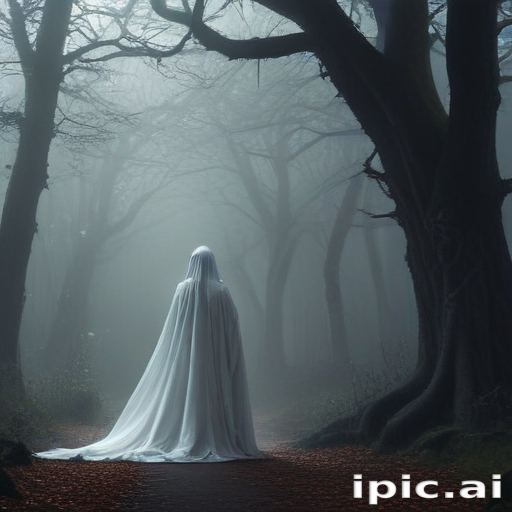 Enigmatic Figure in White Wanders Through a Misty, Enchanted Forest Path