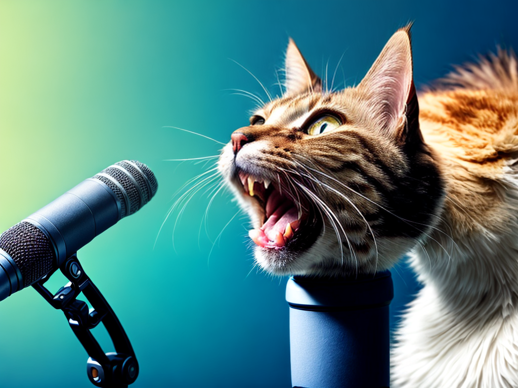 cat singing into a microphone in a recording studio