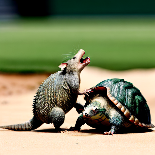 armadillo fighting a possum while a turtle watches