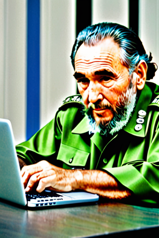Fidel castro is sitting at a table writing code on his macbook on the ...
