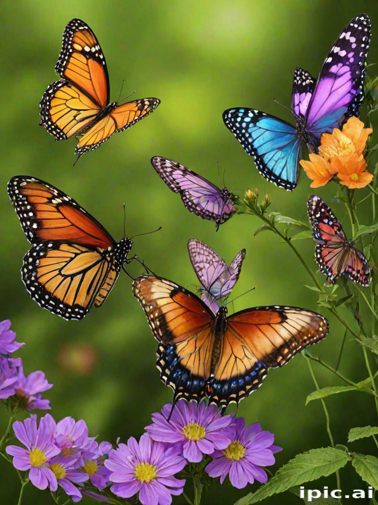 A Colorful Display of Butterflies Flying Among Vibrant Flowers in Nature.