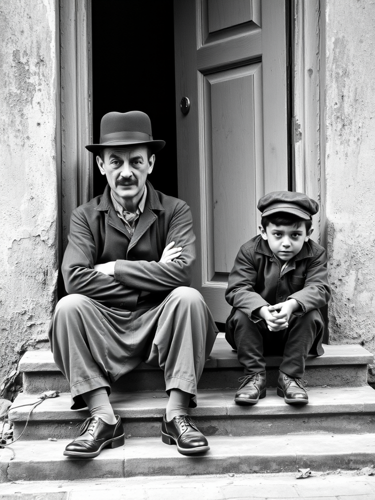 Two Generations Sitting Together on Steps, Reflecting a Shared Moment