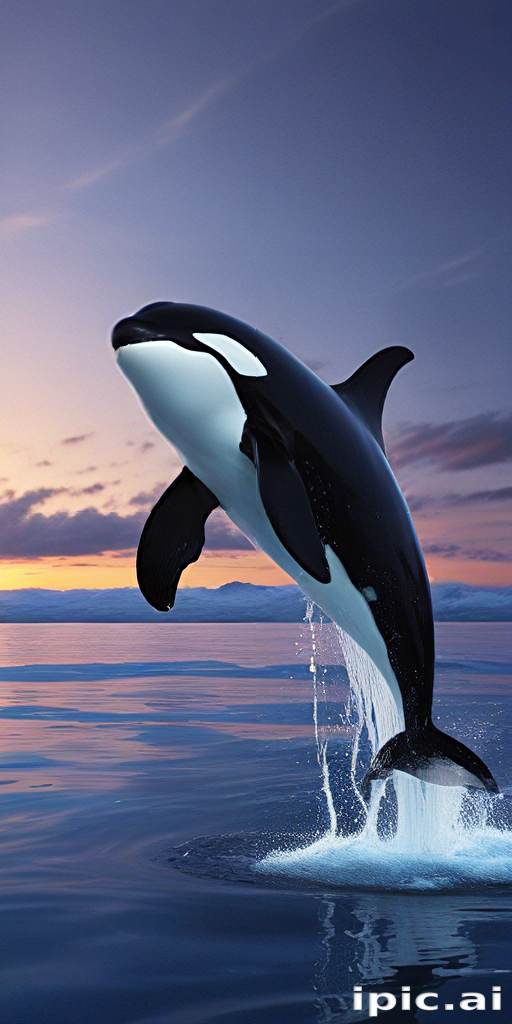 Majestic Orca Breaching the Surface Against a Stunning Sunset Background