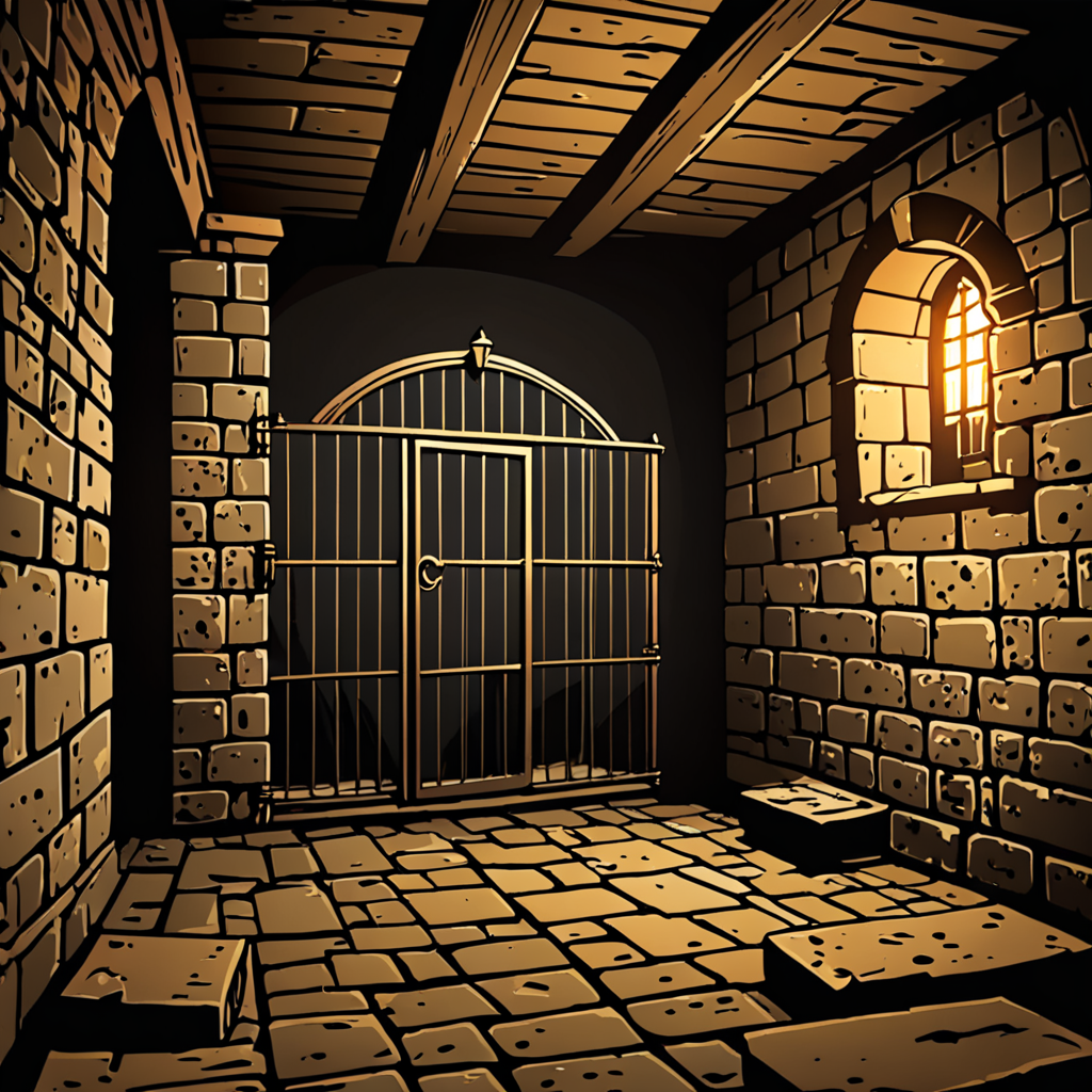 prison cell in the basement of a medieval castle. Night. Flat colors.