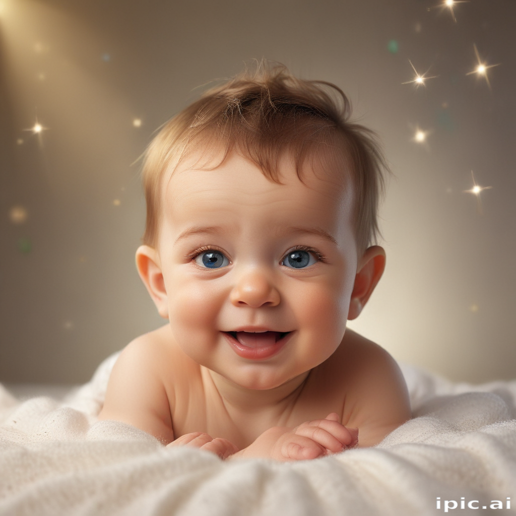 Adorable Baby with Bright Blue Eyes and Joyful Smile Against a Soft ...