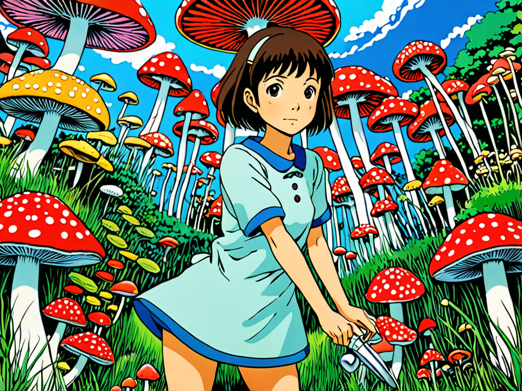 psychedelic ghibli, trippy girl, anime, manga, murshrooms, lain