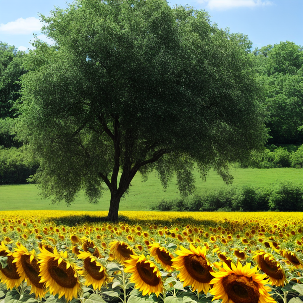 Tree with sunflowers bellow and river
