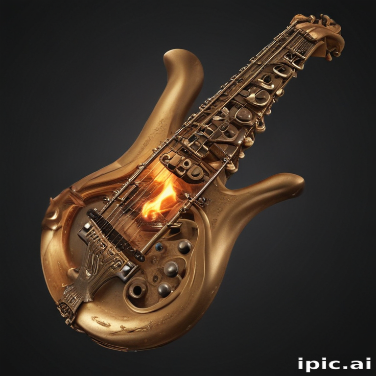 A Unique Golden Electric Guitar With Intricate Design and Fiery Elements.