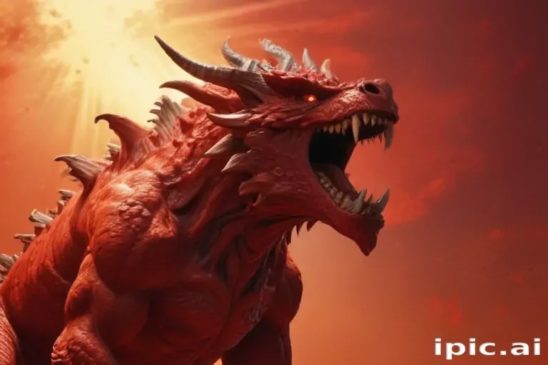 Majestic Red Dragon Roaring Fiercely Against a Fiery Sunset Background