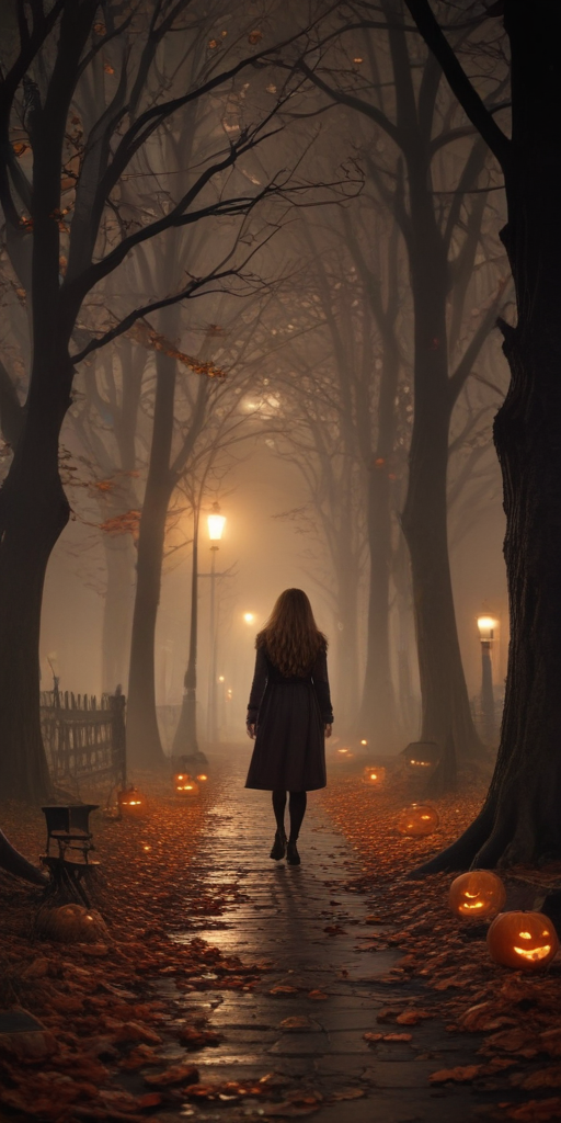 A Mysterious Evening Walk Through a Foggy Halloween-Inspired Forest Path
