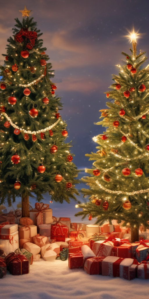 Magical Holiday Scene with Beautifully Decorated Christmas Trees and Gifts