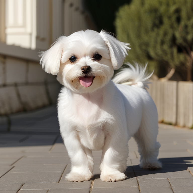 A Playful White Maltese Dog Standing Happily in a Sunny Park.