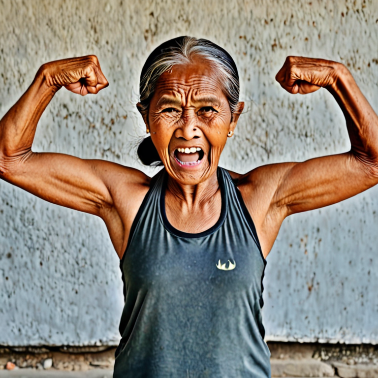Javanese grandna, arms up, armpits, bra, Angry