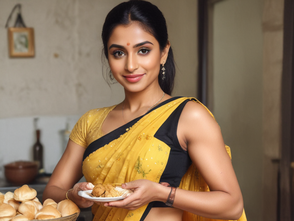 A muscular female indian bodybuilder in saree selling Panipuri