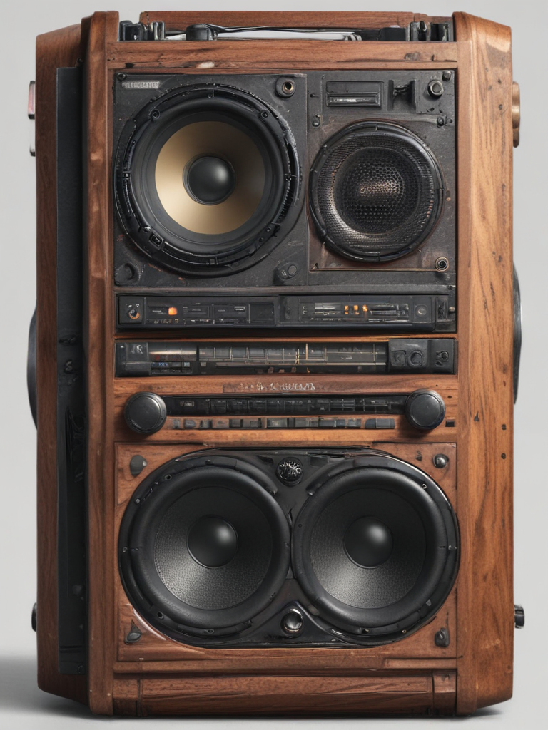 Vintage Wooden Boombox with Dual Speakers and Retro Audio Controls