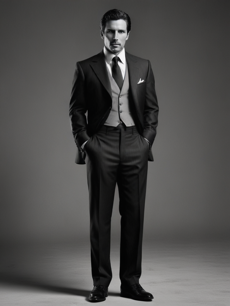 Christian bale in suit, full body, noir style