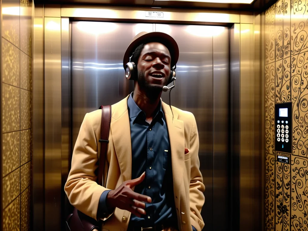 A Stylish Man in an Elevator Enjoying Music with Headphones On