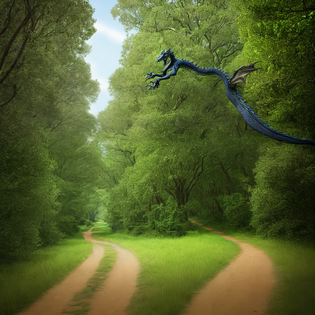 the rear of a dragon walking down a path, with its tail up above its ...