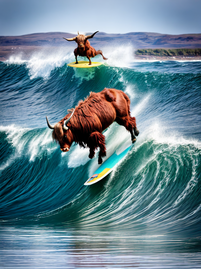 Highland cow surfing