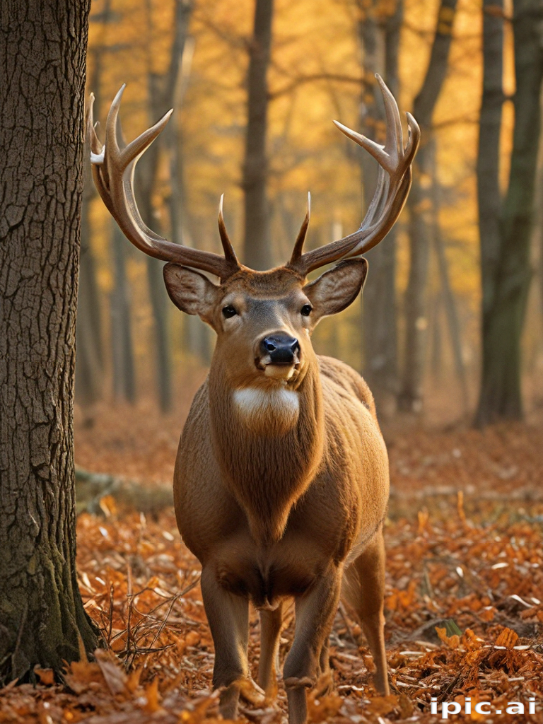 Majestic Stag Standing Proudly Amidst Autumn Leaves and Trees.