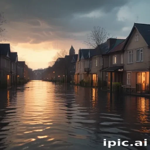 Residential Street Transformed into a Serene Waterway During Rainy Sunset