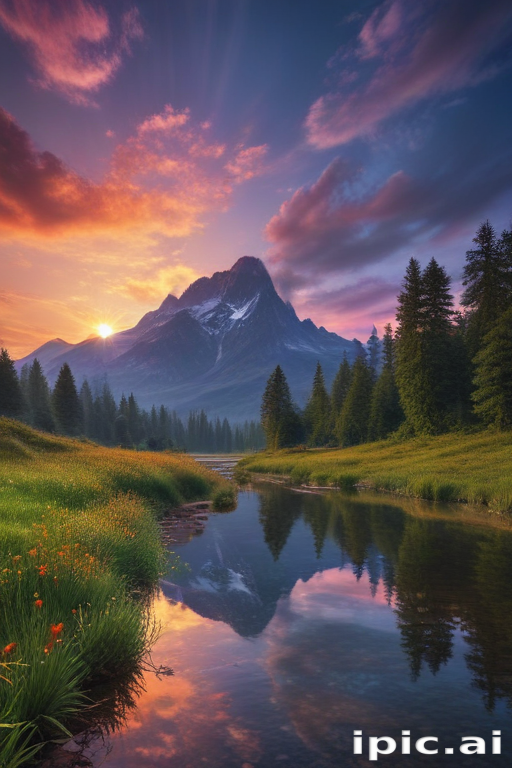Serene Mountain Landscape at Sunrise Reflecting in Tranquil River Waters