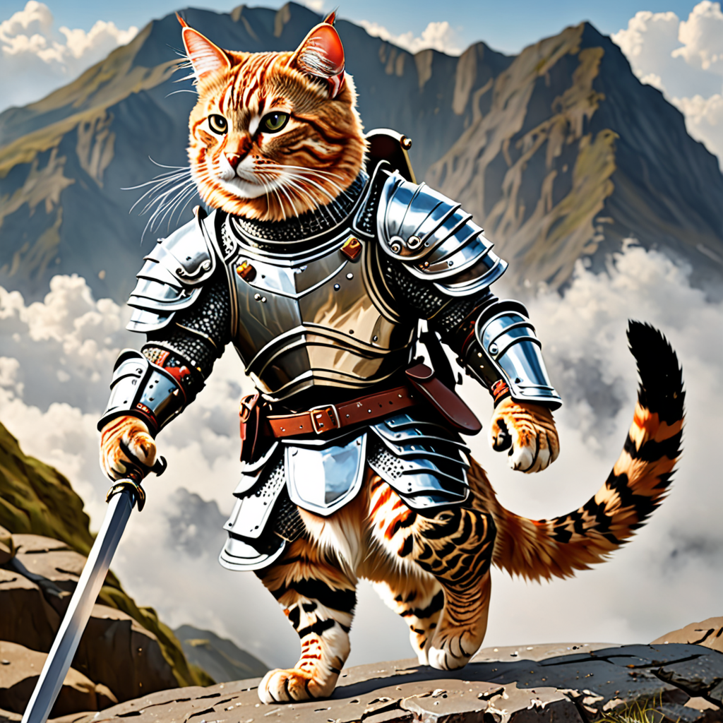 a masterpiece illustration of a cat equipping with heavy armor outfit ...