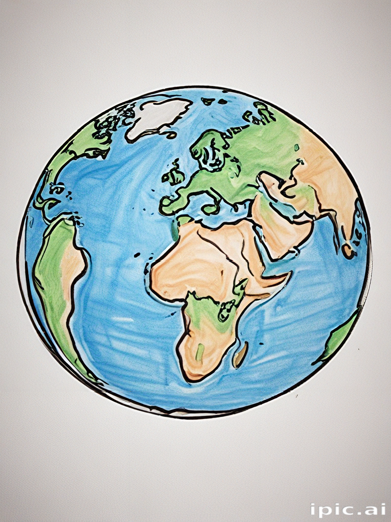 Colorful Drawing of Earth Illustrating Continents and Oceans in Detail.