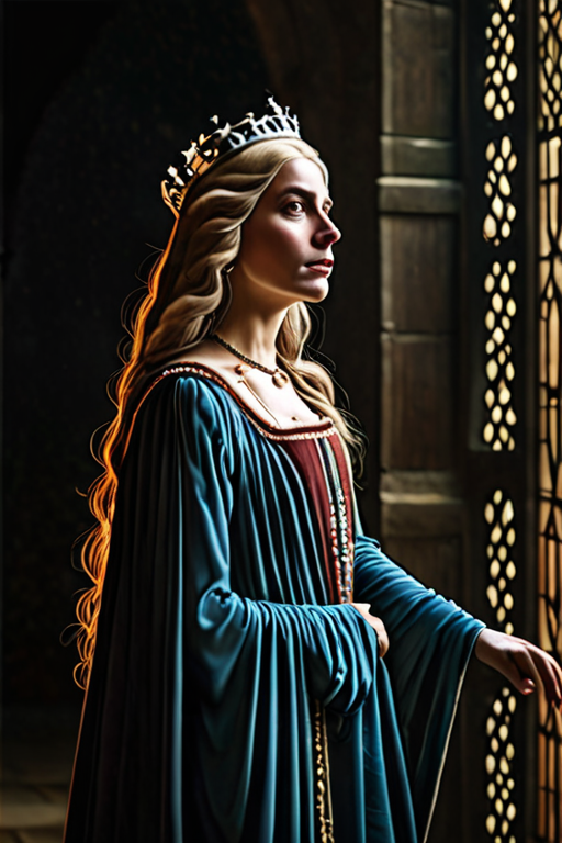 medieval queen looking downward in a dark room