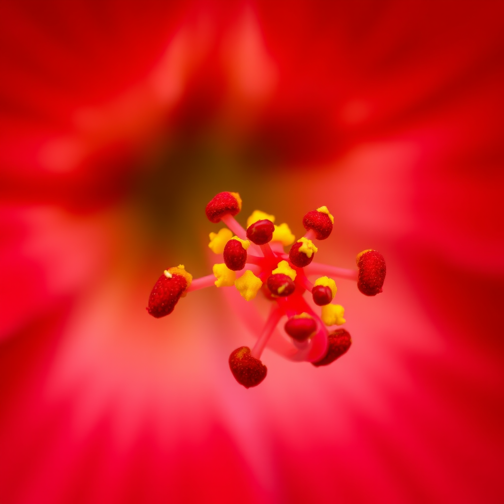 Close-Up of a Vibrant Red Flower Center with Yellow Stamen Details