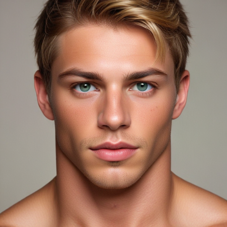 tawny skin, blond hair, muscular figure, male, green eyes, light brown hair