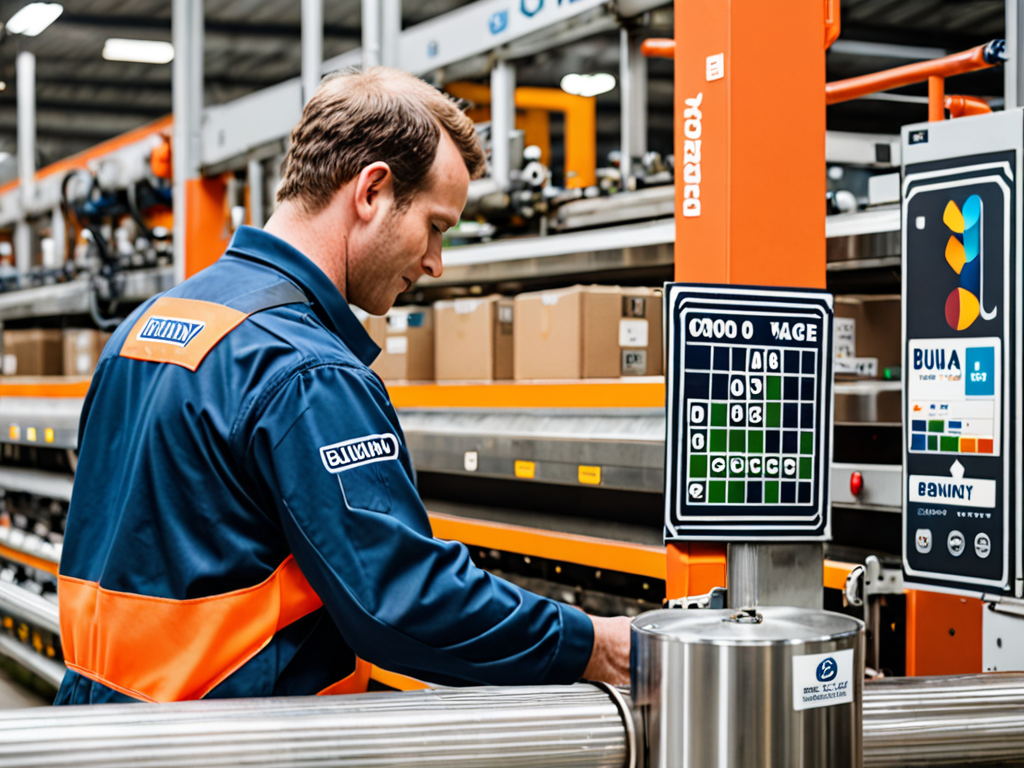 person checking label on factory floor uniform with bundy refrigeration ...