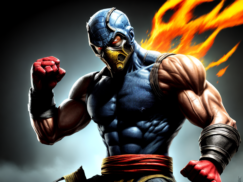 Mortal Kombat fighter, strong body bad face, glue eyes, fire style ...