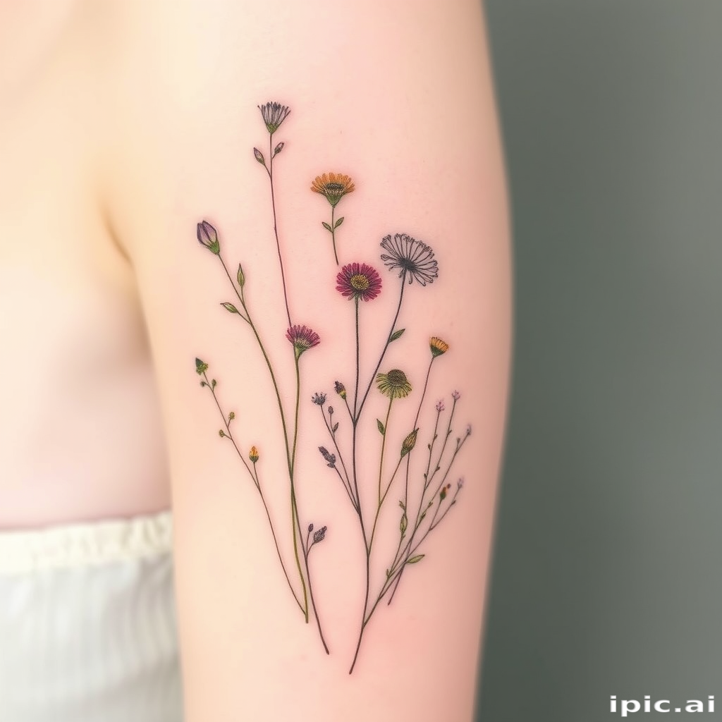Delicate Floral Tattoo Design Showcasing Vibrant Wildflowers on Bare Skin