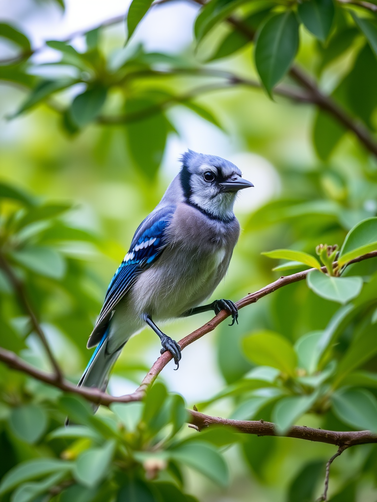 A Beautiful Blue Jay Perched on a Branch Surrounded by Lush Green Foliage.