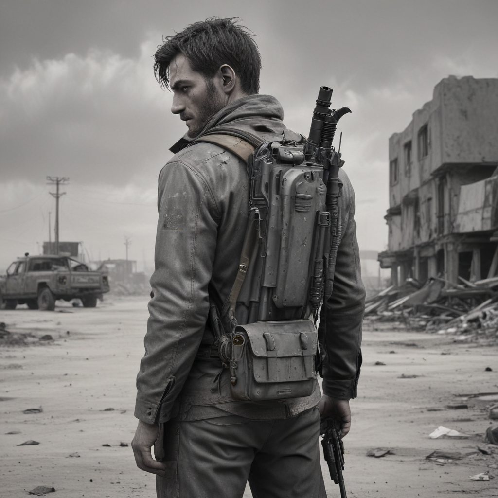 post apocalyptic survivor man with back to camera gun artwork sad ...