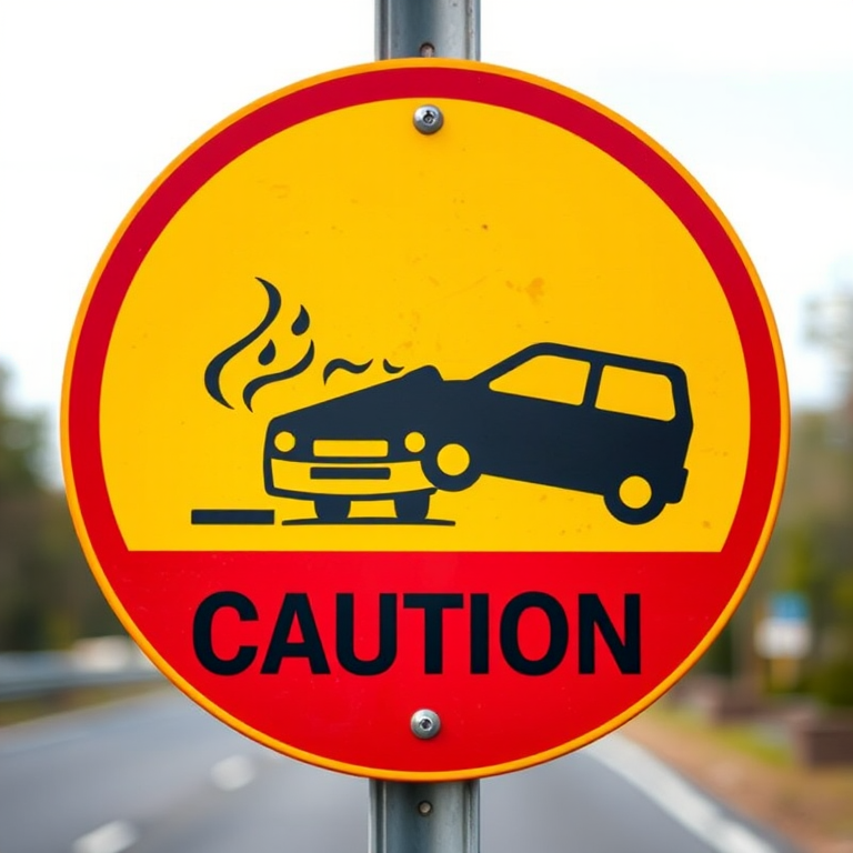 Caution: Warning Sign Indicating Potential Car Collision Ahead on Roadway