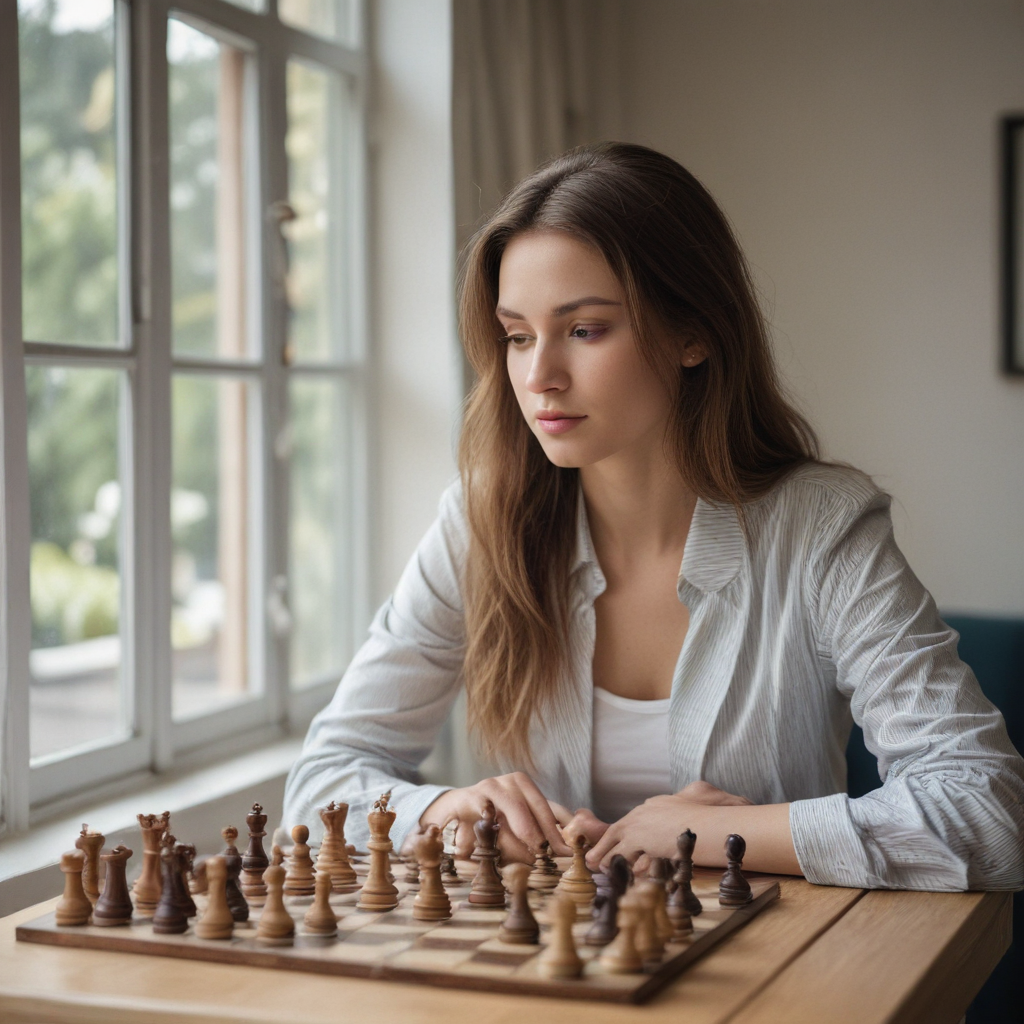 woman playing chess in front of a window in the moment when she is winning