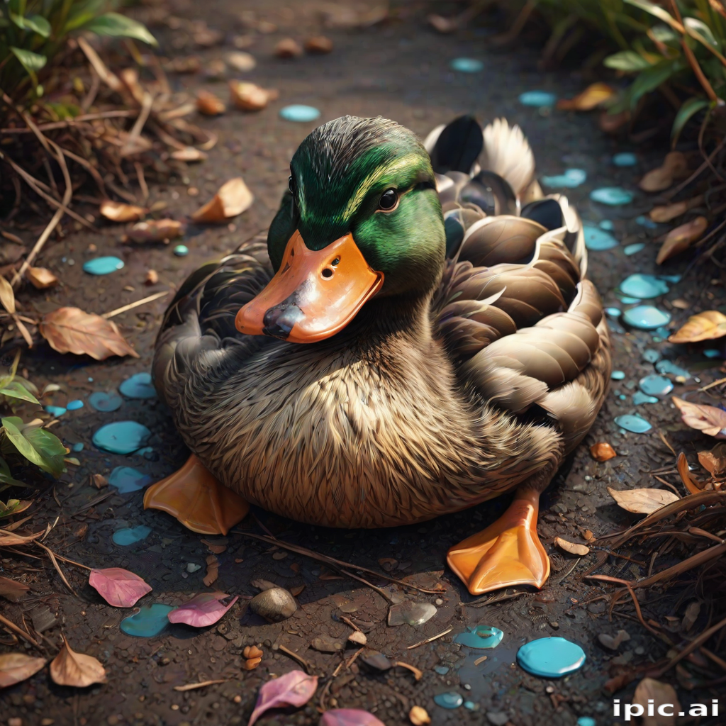 A Colorful Mallard Duck Relaxing on a Leafy Garden Pathway.