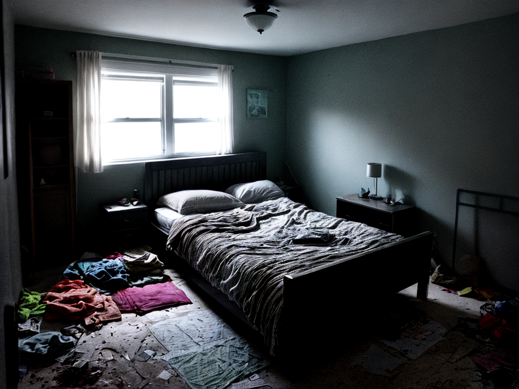 dark room, messy bed, man inside the room