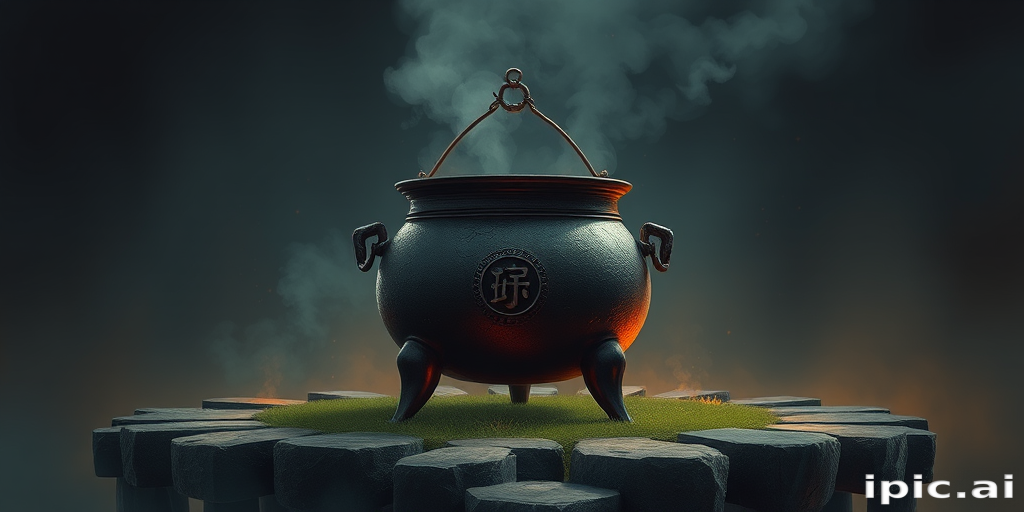 Enchanting Cauldron Steaming Mysteriously on a Stone Platform in Darkness