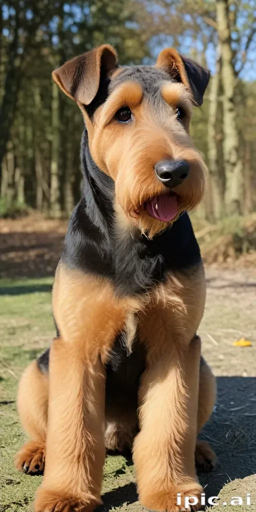 A Beautifully Groomed Airedale Terrier Sitting in a Sunlit Forest Setting