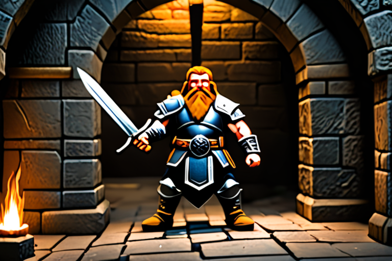 fantasy dwarf delving in a dungeon with a sword