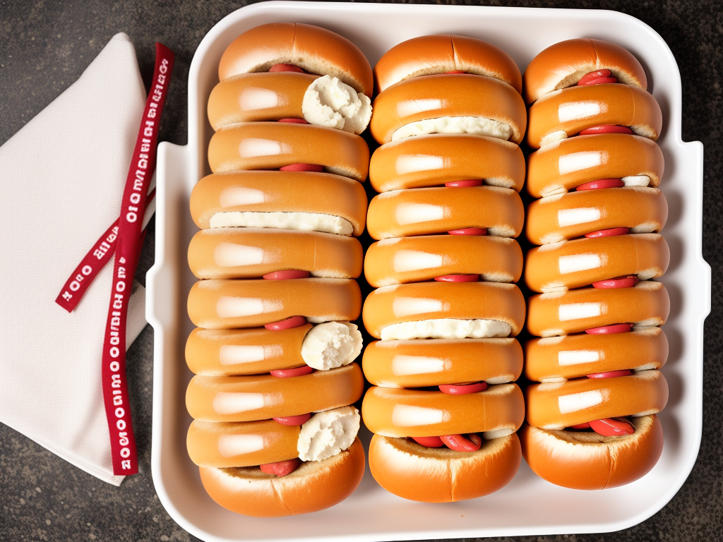 Deliciously Stacked Hot Dogs with Creamy Filling on a Serving Platter