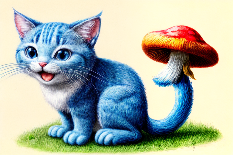 Blue Cat with a smurf look and a mushroom hat