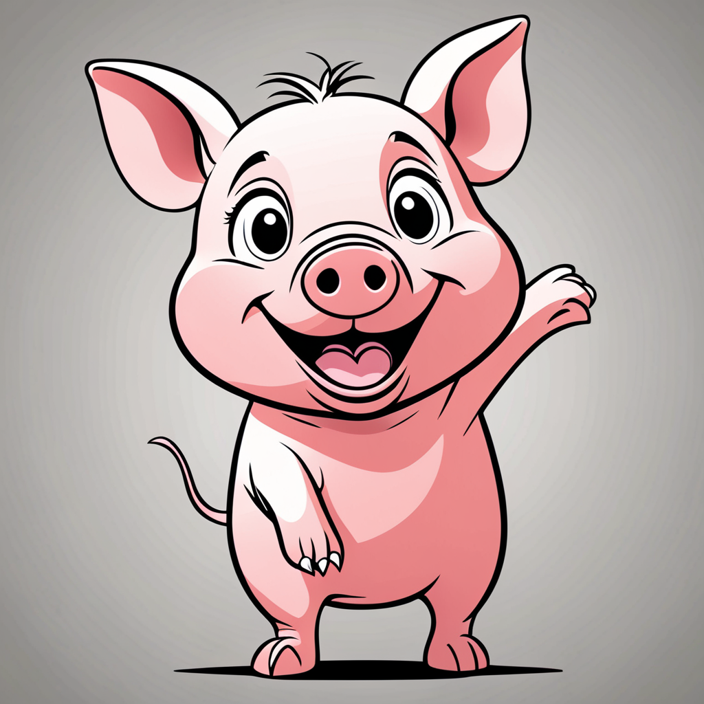simple line drawing of cartoon Pixar style happy, excited piglet low ...