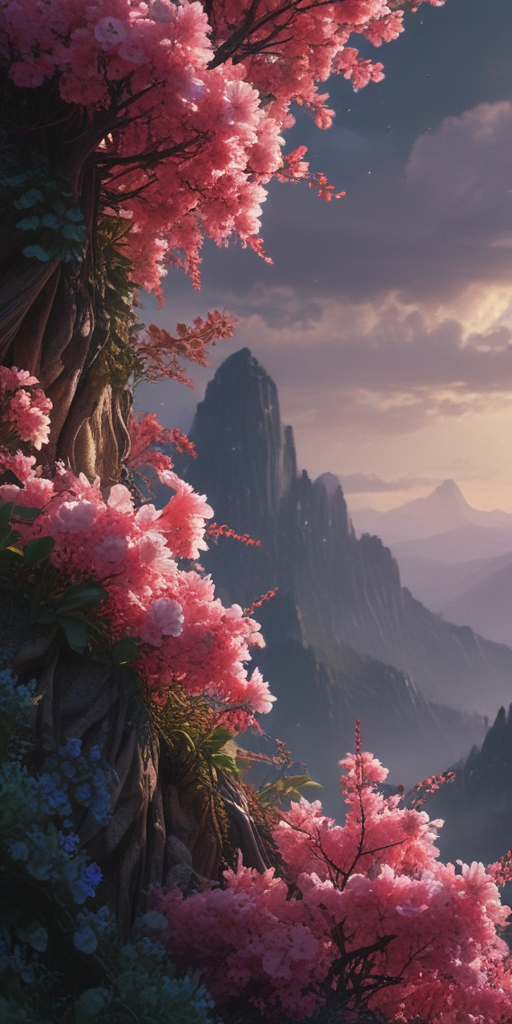 Serene Landscape of Blossoming Cherry Trees Against Majestic Mountain Peaks