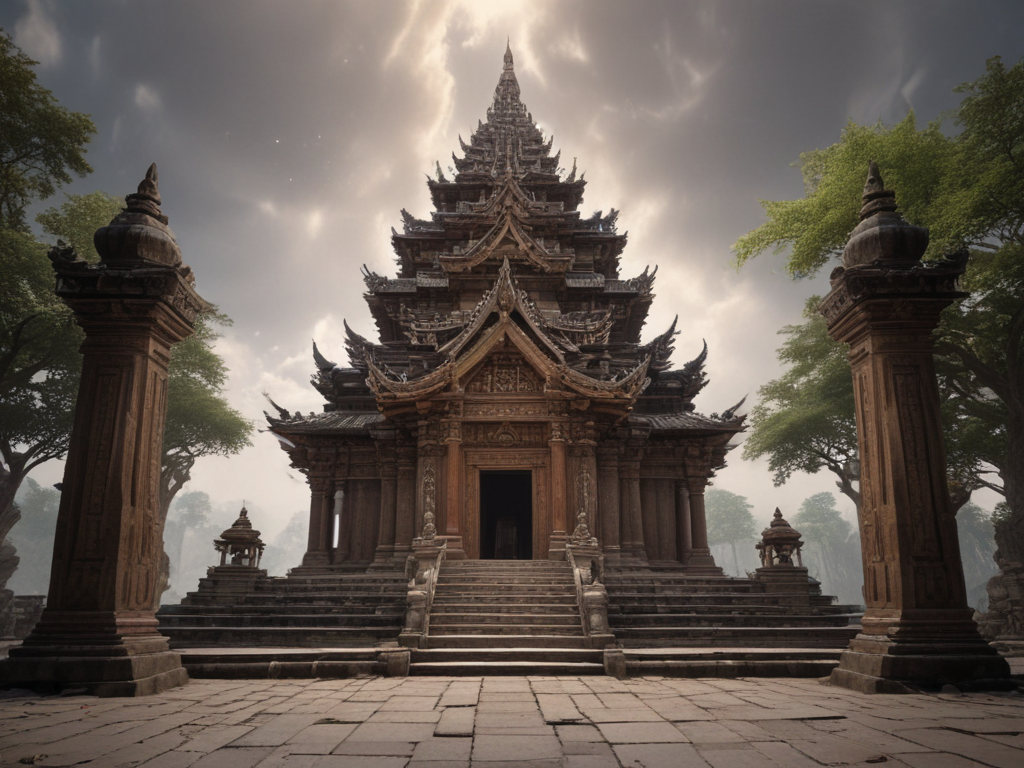Majestic Ancient Temple Surrounded by Lush Greenery Under Dramatic Skies