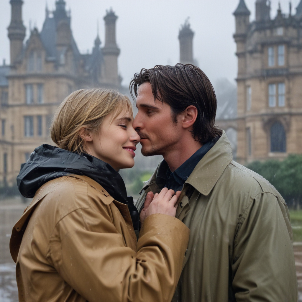 christian bale as bruce wayne and allison mack in raincoat, Looking at ...